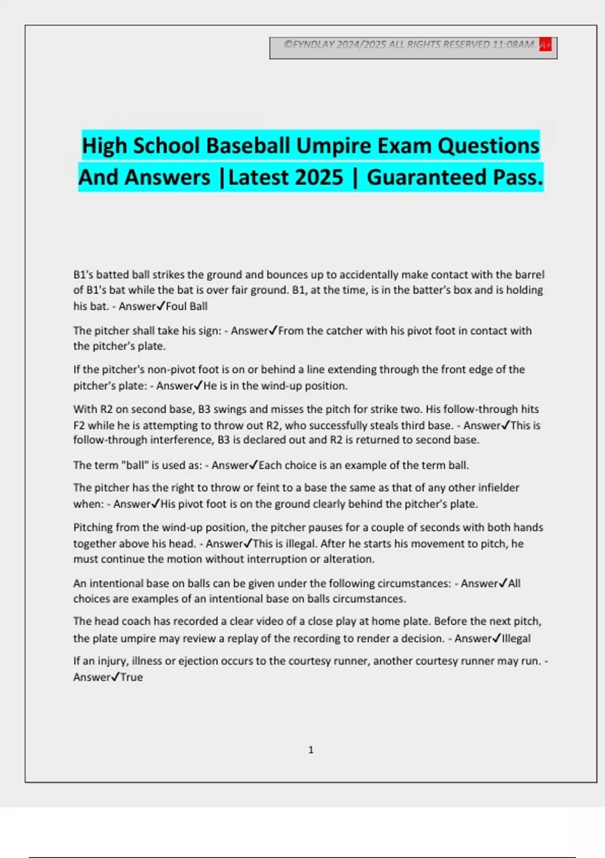High School Baseball Umpire Exam Questions And Answers |Latest 2025 ...