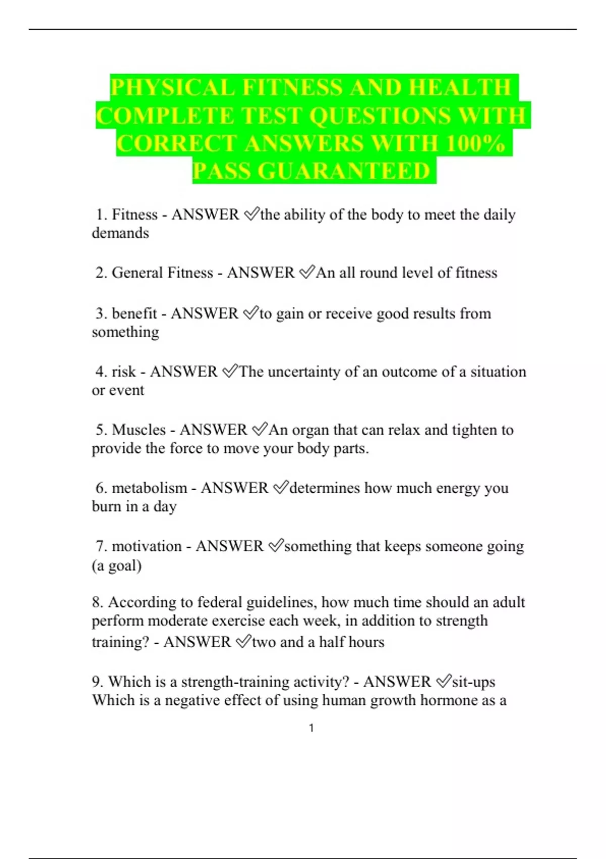 PHYSICAL FITNESS AND HEALTH COMPLETE TEST QUESTIONS WITH CORRECT ...