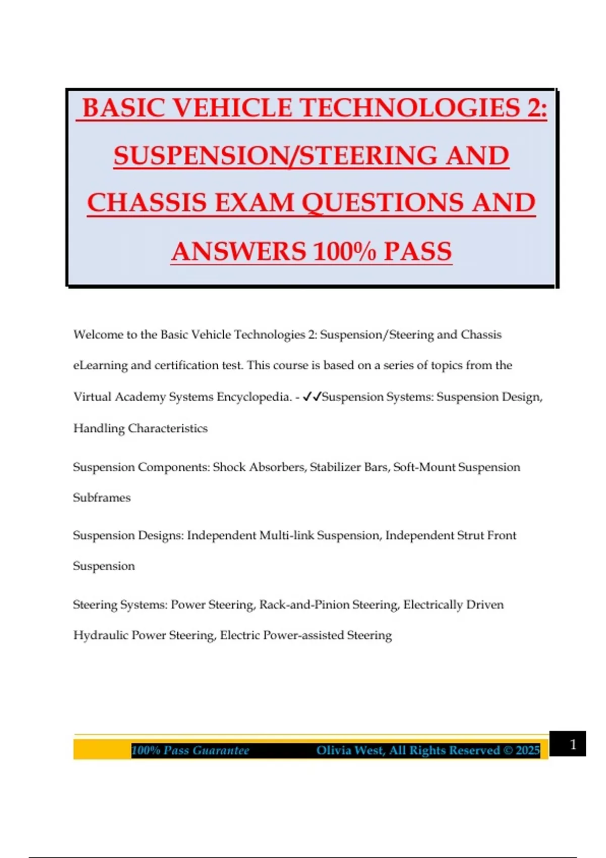 BASIC VEHICLE TECHNOLOGIES 2: SUSPENSION/STEERING AND CHASSIS EXAM ...
