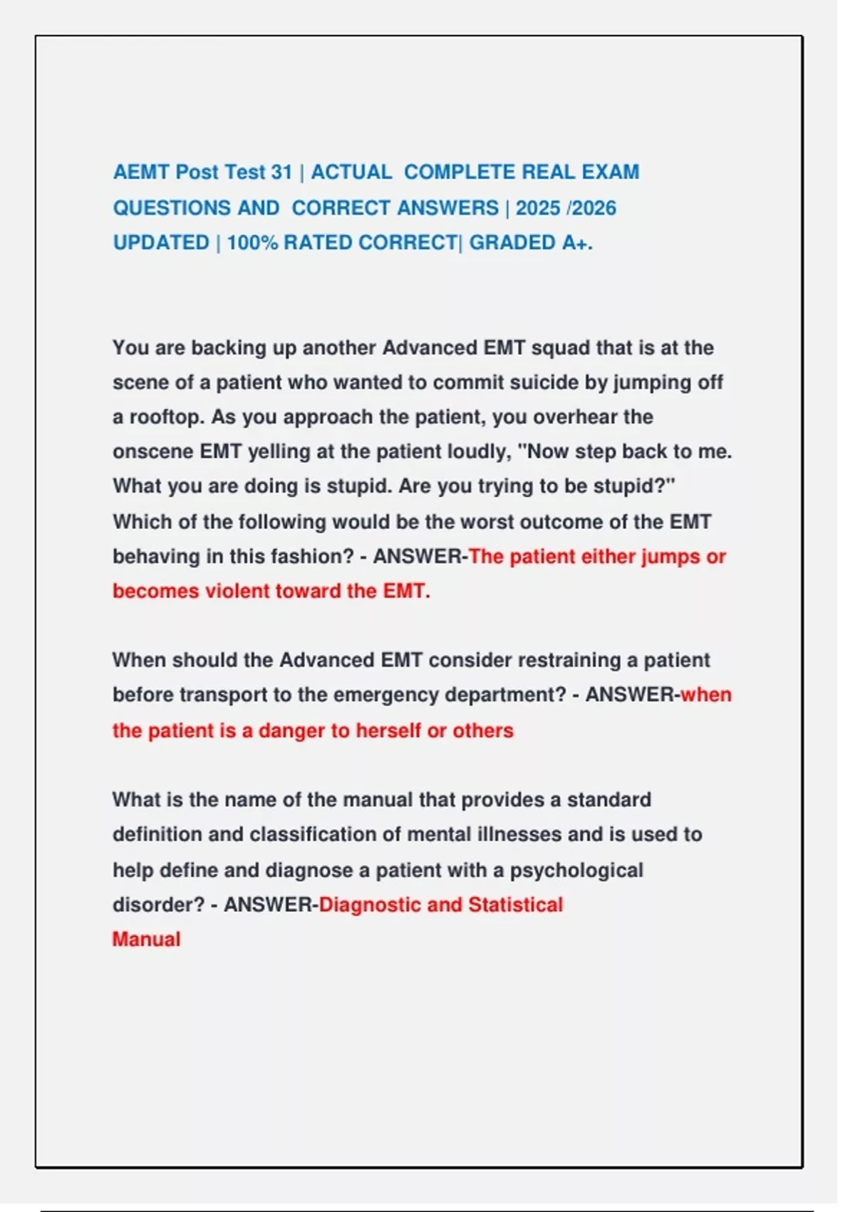 AEMT Post Test 31 | ACTUAL COMPLETE REAL EXAM QUESTIONS AND CORRECT ...