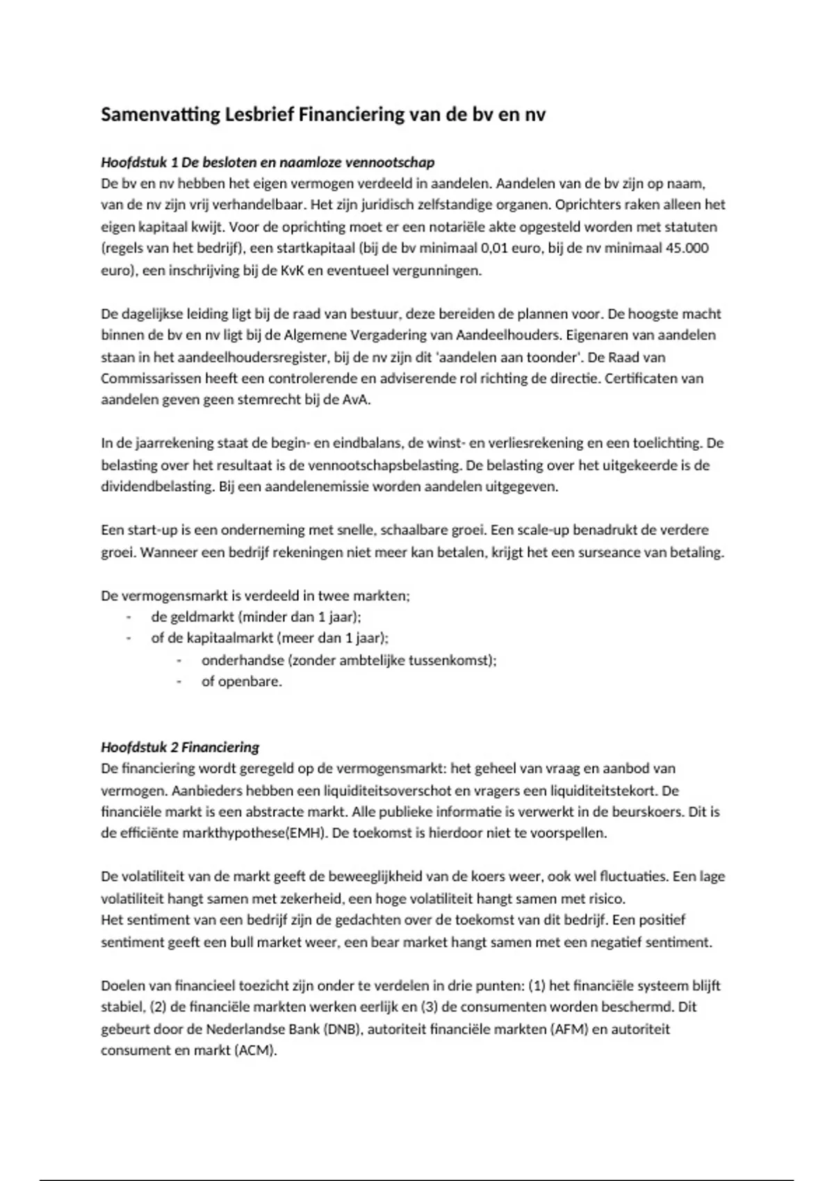 Samenvatting financiering bv en nv - Bedrijfseconomie - Stuvia NL