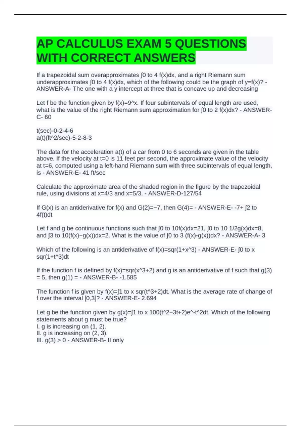 AP CALCULUS EXAM 5 QUESTIONS WITH CORRECT ANSWERS - Calculus - Stuvia US