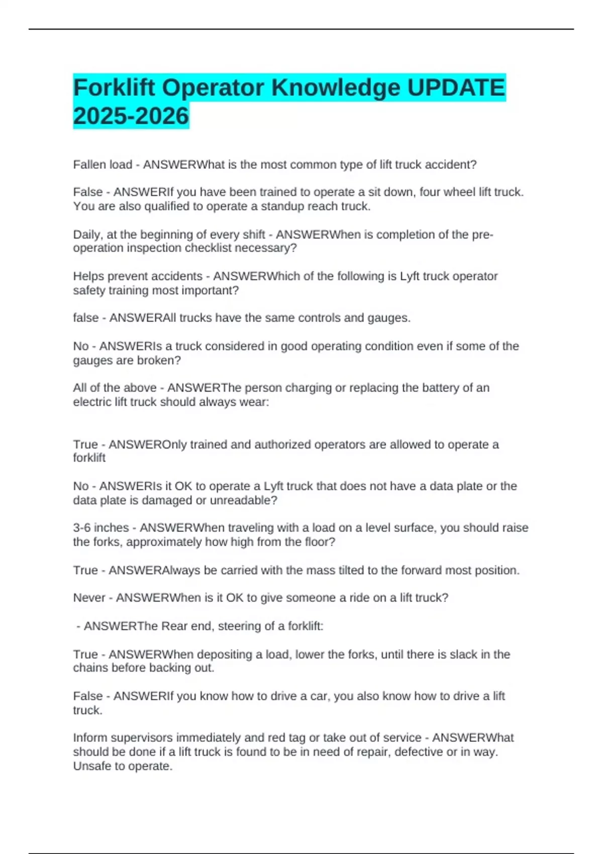 Forklift Operator Knowledge UPDATE - Forklift Operator Knowledge ...