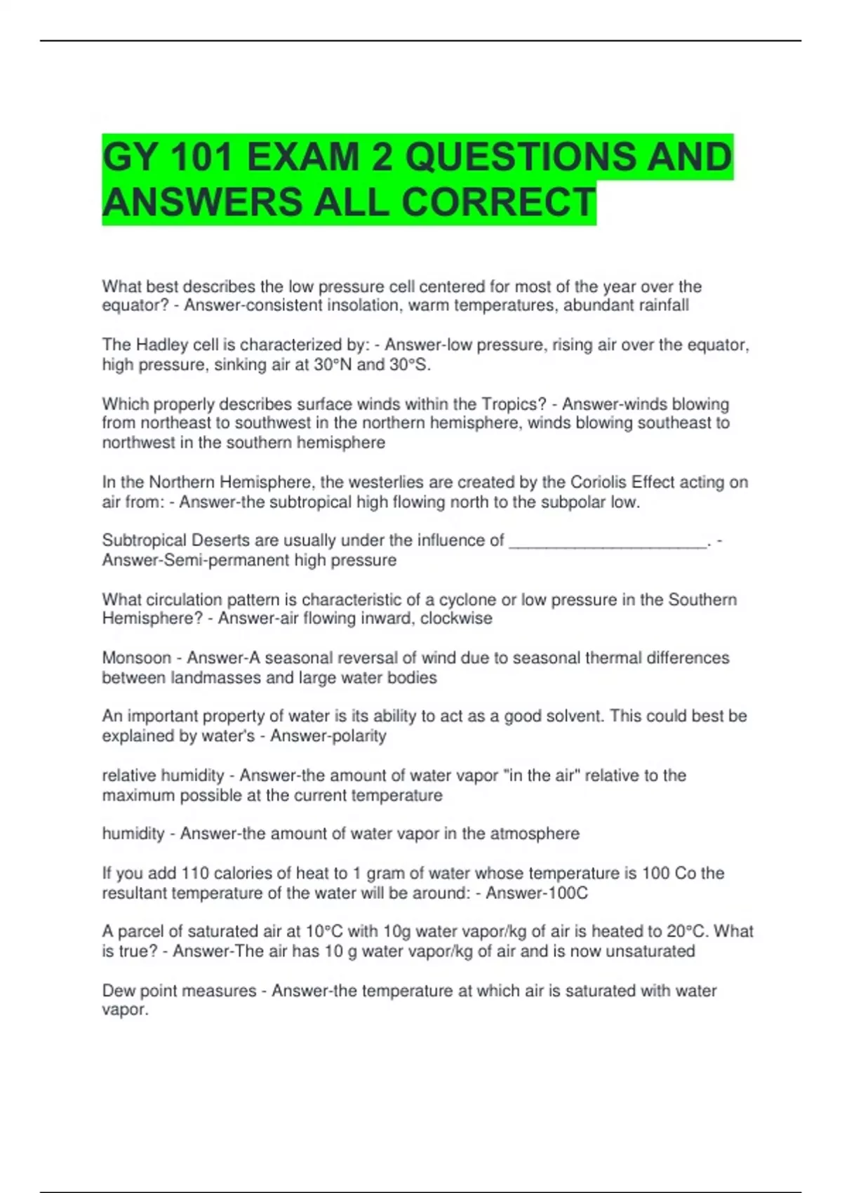 GY 101 EXAM 2 QUESTIONS AND ANSWERS ALL CORRECT - GY 101 - Stuvia US
