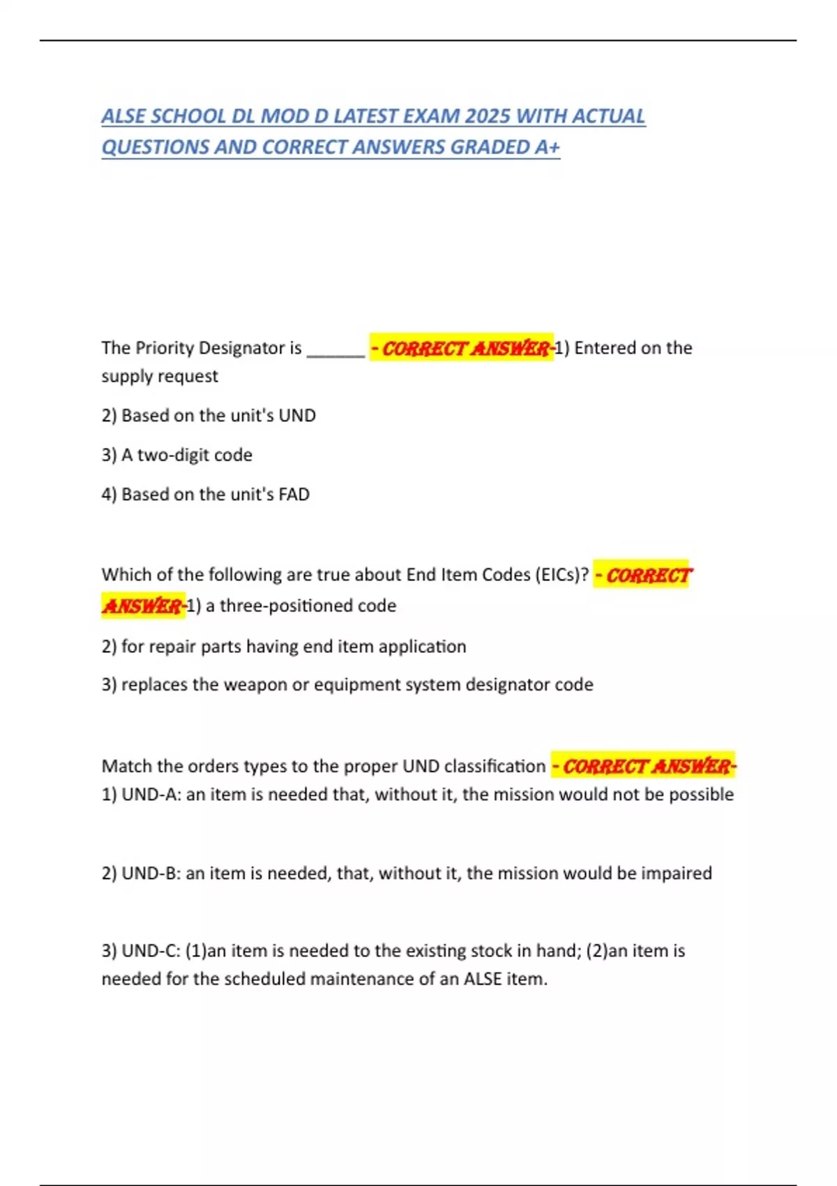 ALSE SCHOOL DL MOD D LATEST EXAM 2025 WITH ACTUAL QUESTIONS AND CORRECT ...