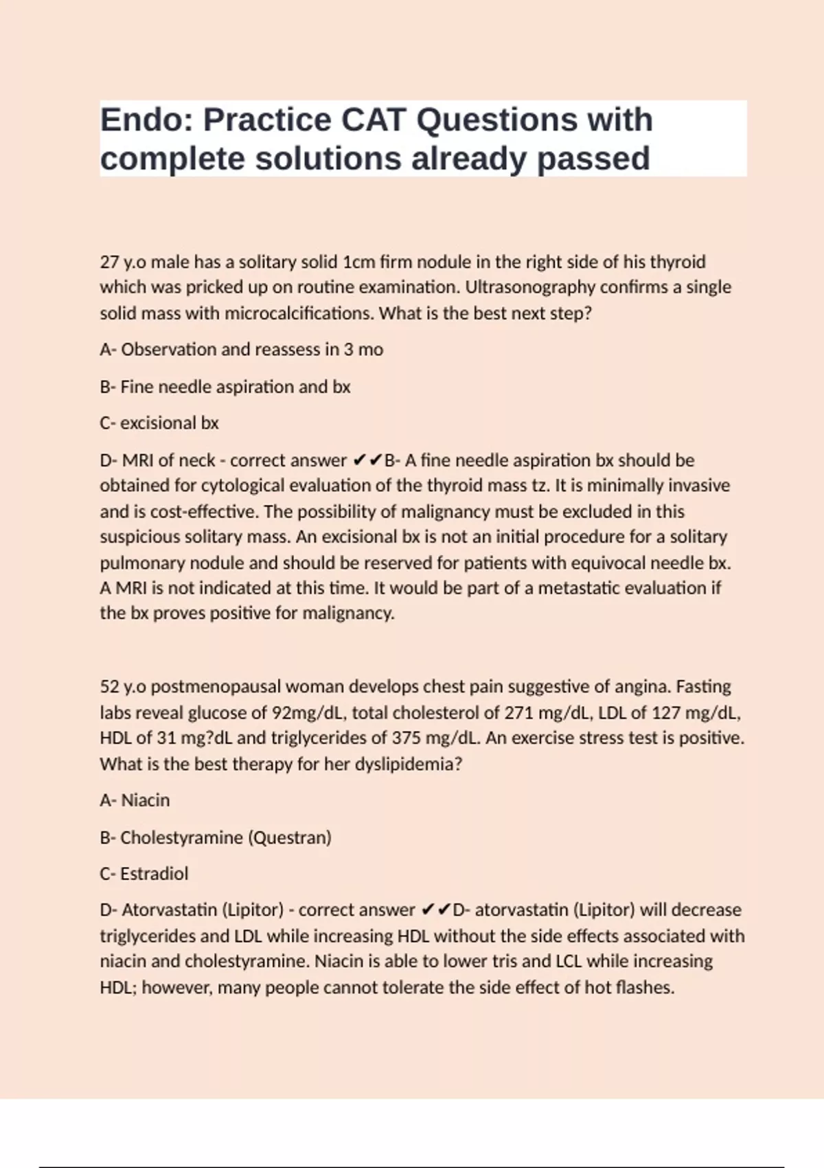 Endo: Practice CAT Questions with complete solutions already passed ...