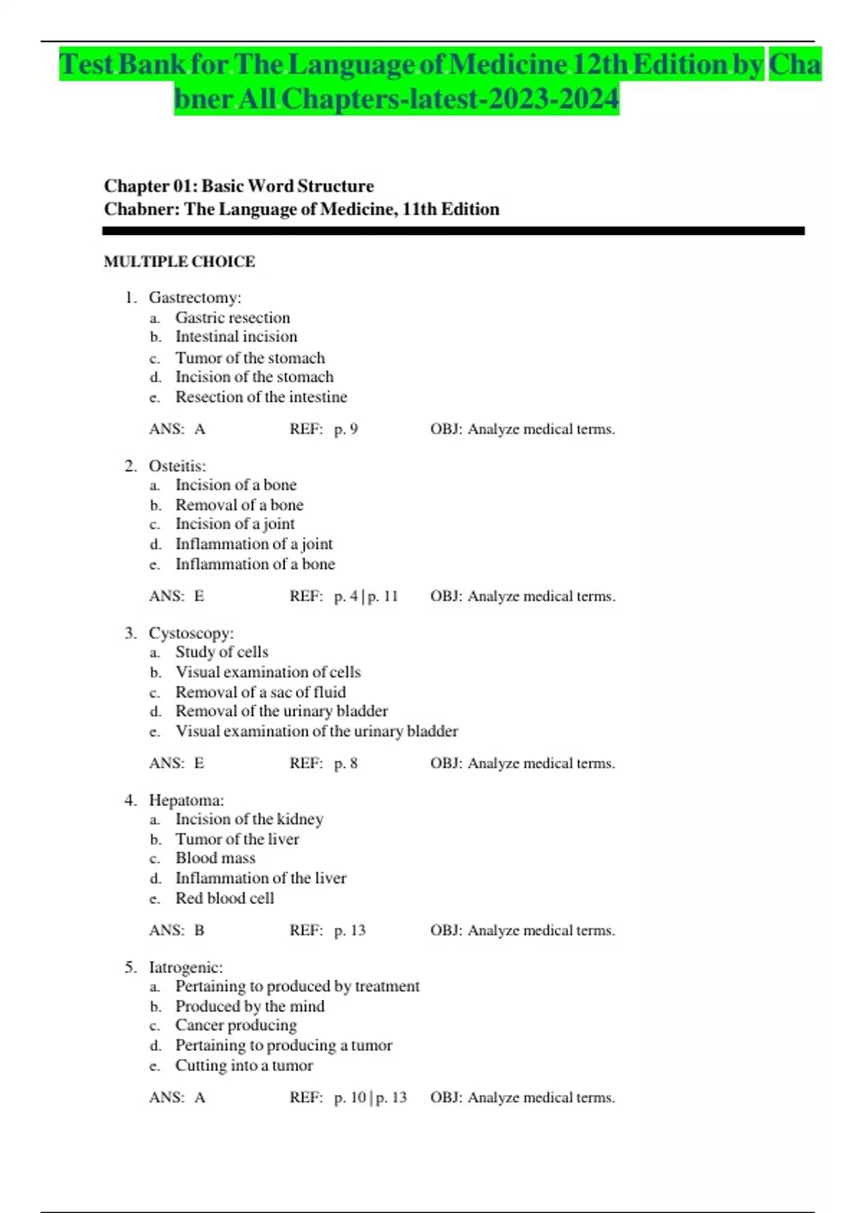 Test Bank - The Language of Medicine 13th Edition by Davi-Ellen Chabner ...