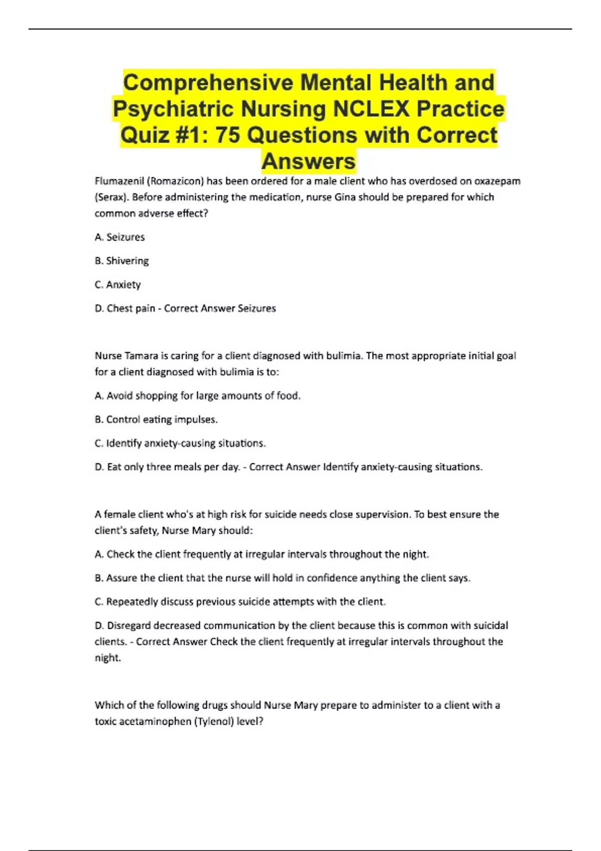 Comprehensive Mental Health and Psychiatric Nursing NCLEX Practice Quiz ...