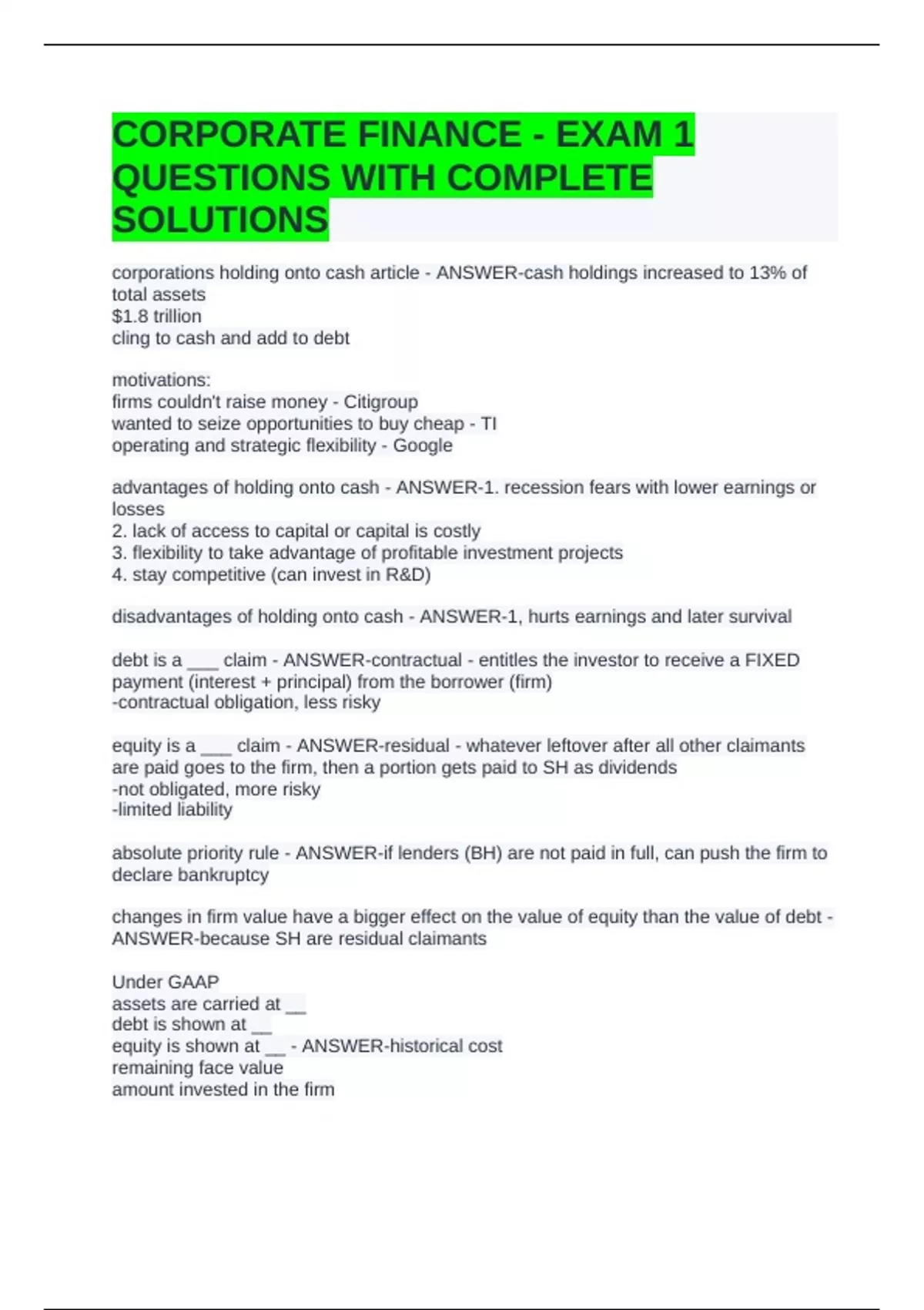 CORPORATE FINANCE - EXAM 1 QUESTIONS WITH COMPLETE SOLUTIONS ...