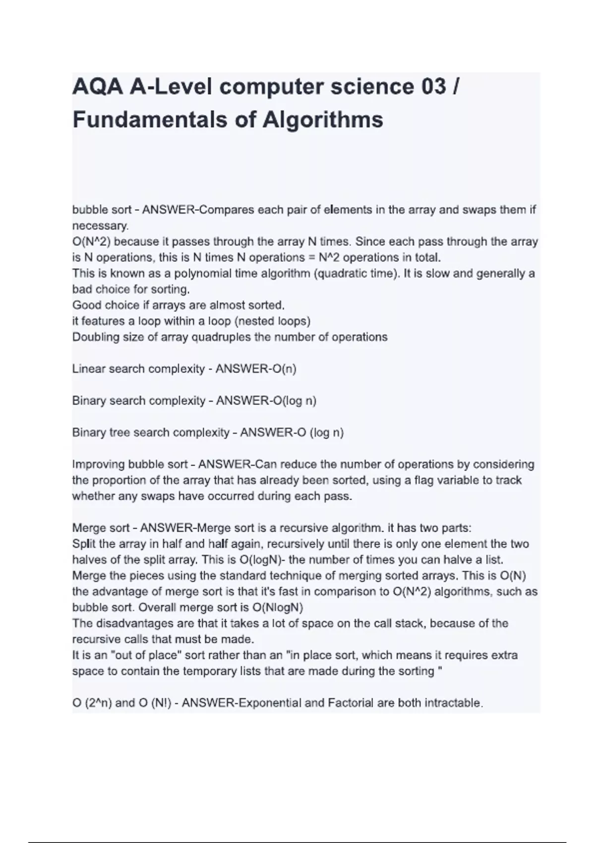 AQA A-Level computer science 03 Fundamentals of Algorithms questions ...