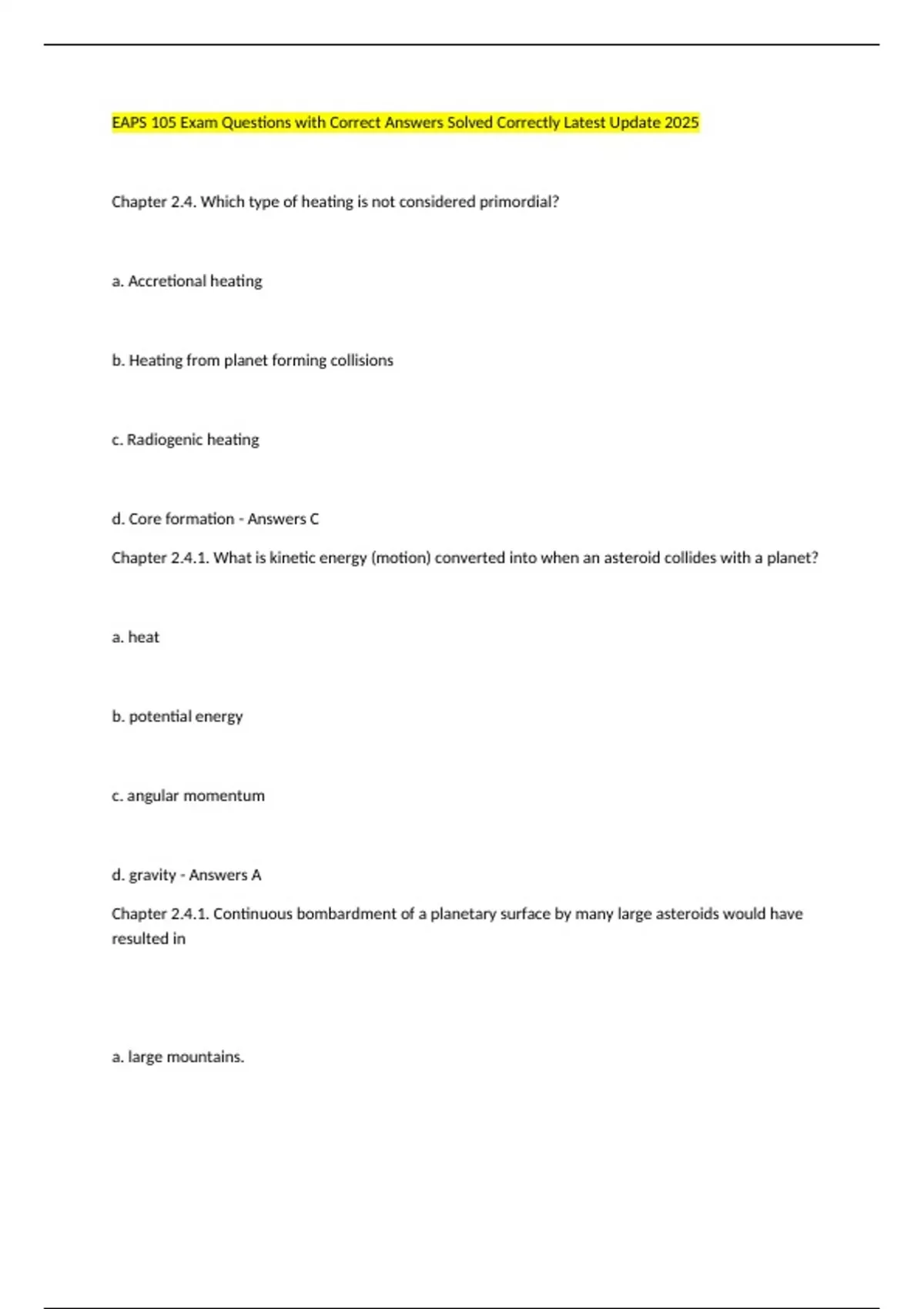 EAPS 105 Exam Questions with Correct Answers Solved Correctly Latest ...