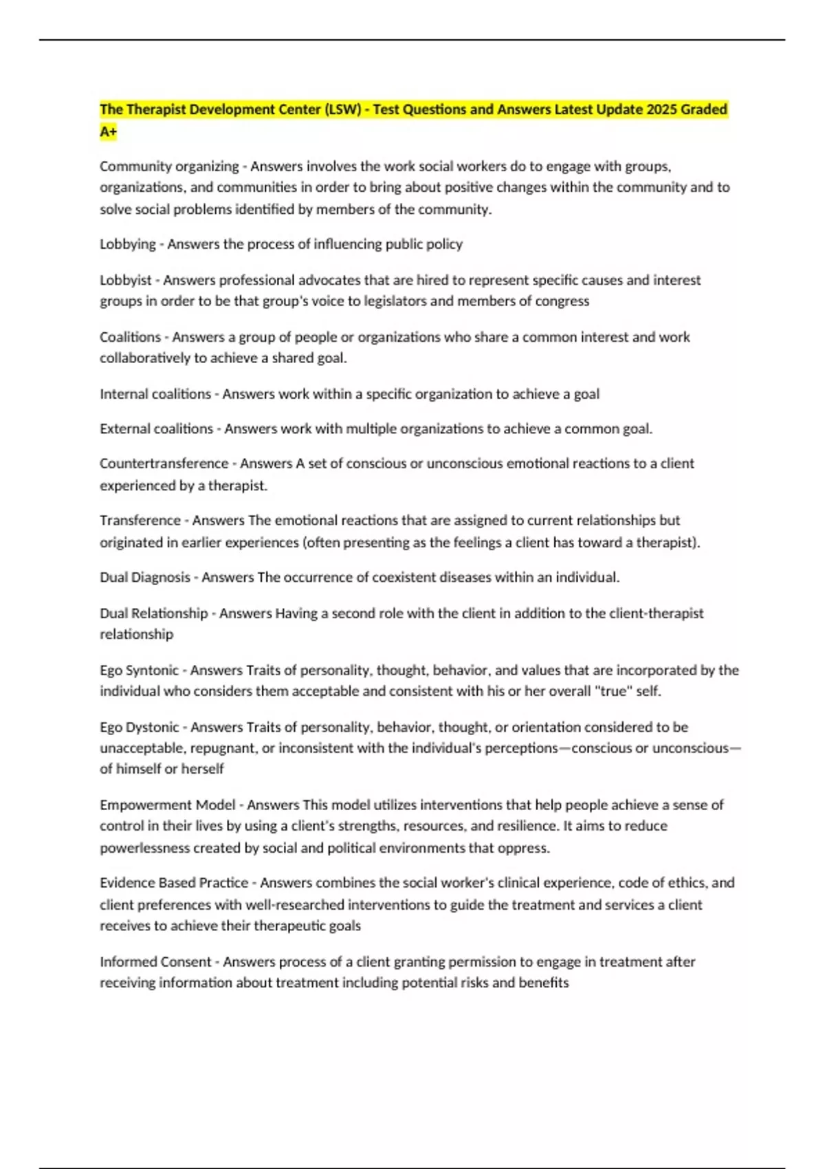 The Therapist Development Center (LSW) - Test Questions and Answers ...