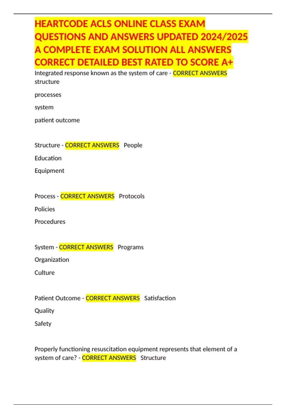 HEARTCODE ACLS ONLINE CLASS EXAM QUESTIONS AND ANSWERS UPDATED 2024/ ...