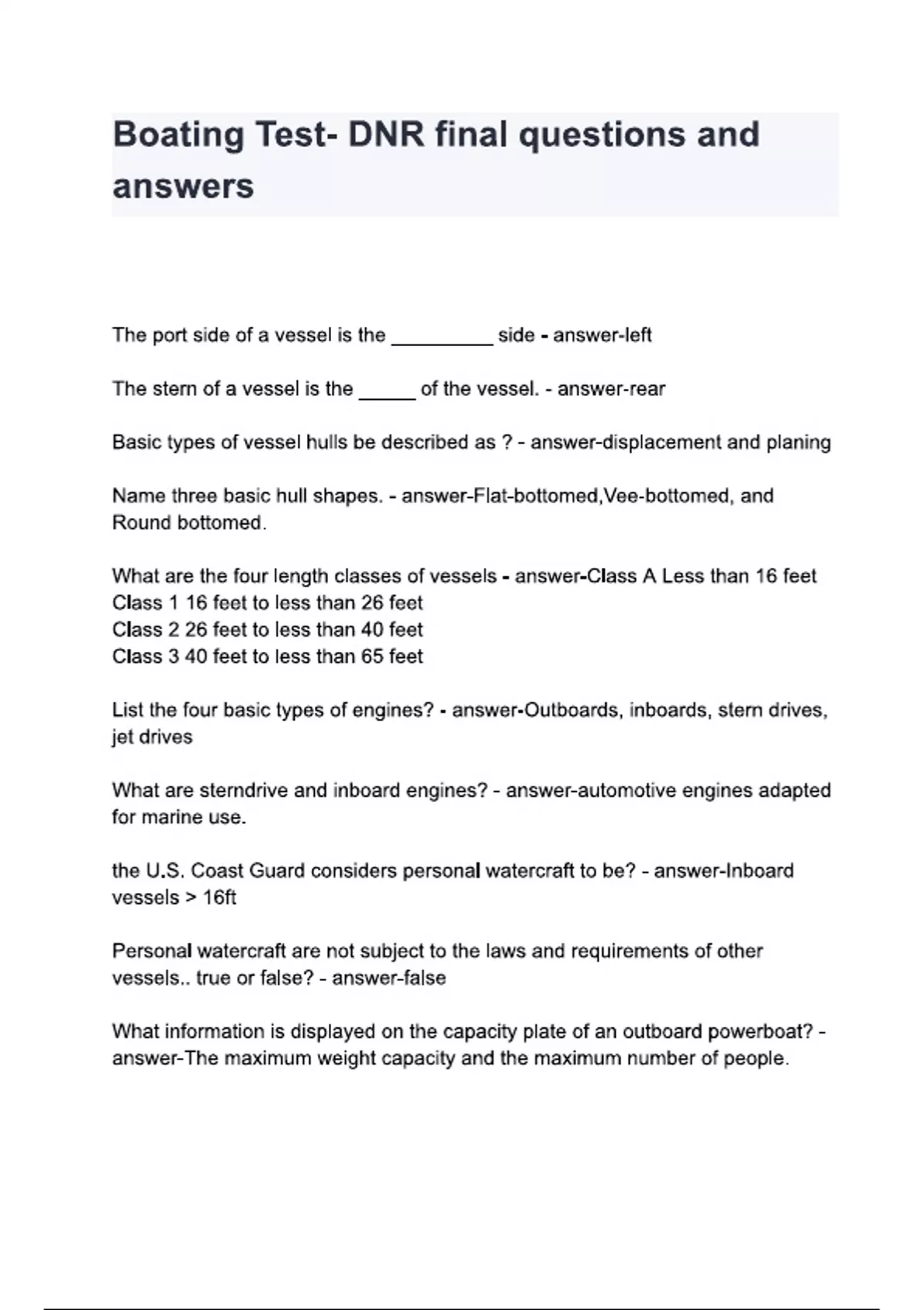 Boating Test- DNR final questions and answers - Boating - Stuvia US
