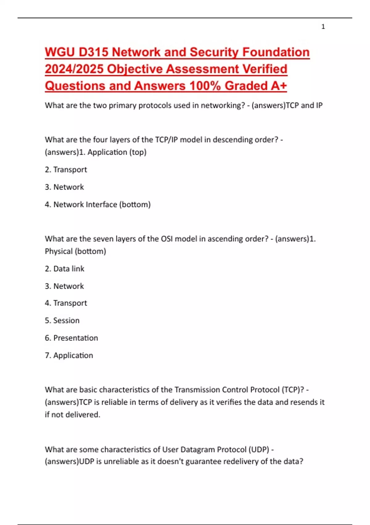 WGU D315 Network and Security Foundation 2024/2025 Objective Assessment ...