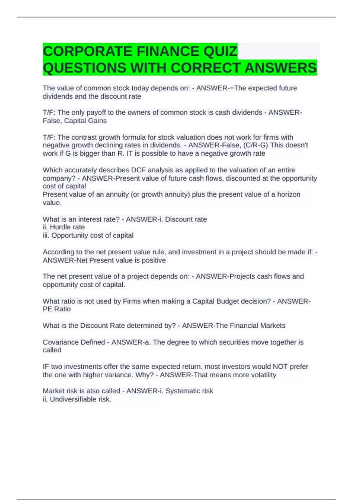 CORPORATE FINANCE QUIZ QUESTIONS WITH CORRECT ANSWERS - Corporate ...