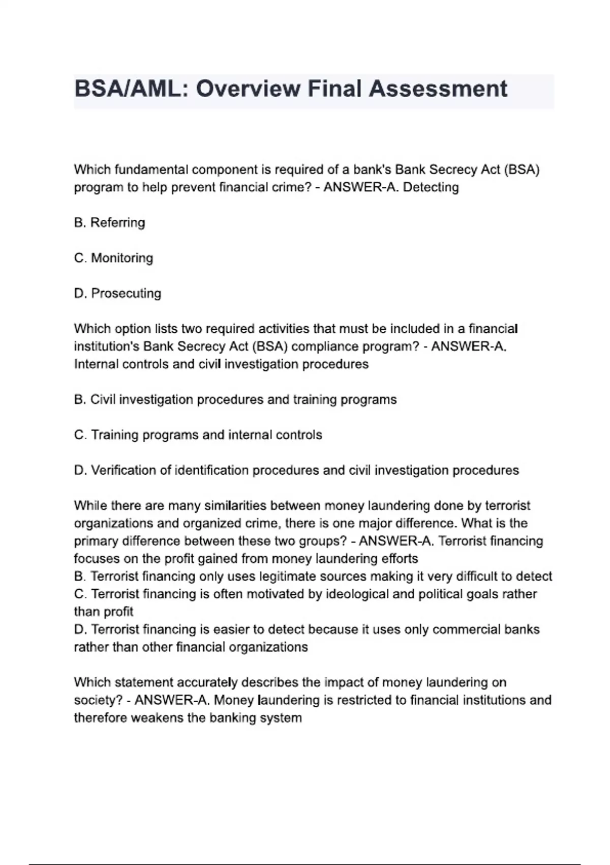 BSA-AML Overview Final Assessment questions and answers - BSA AML ...