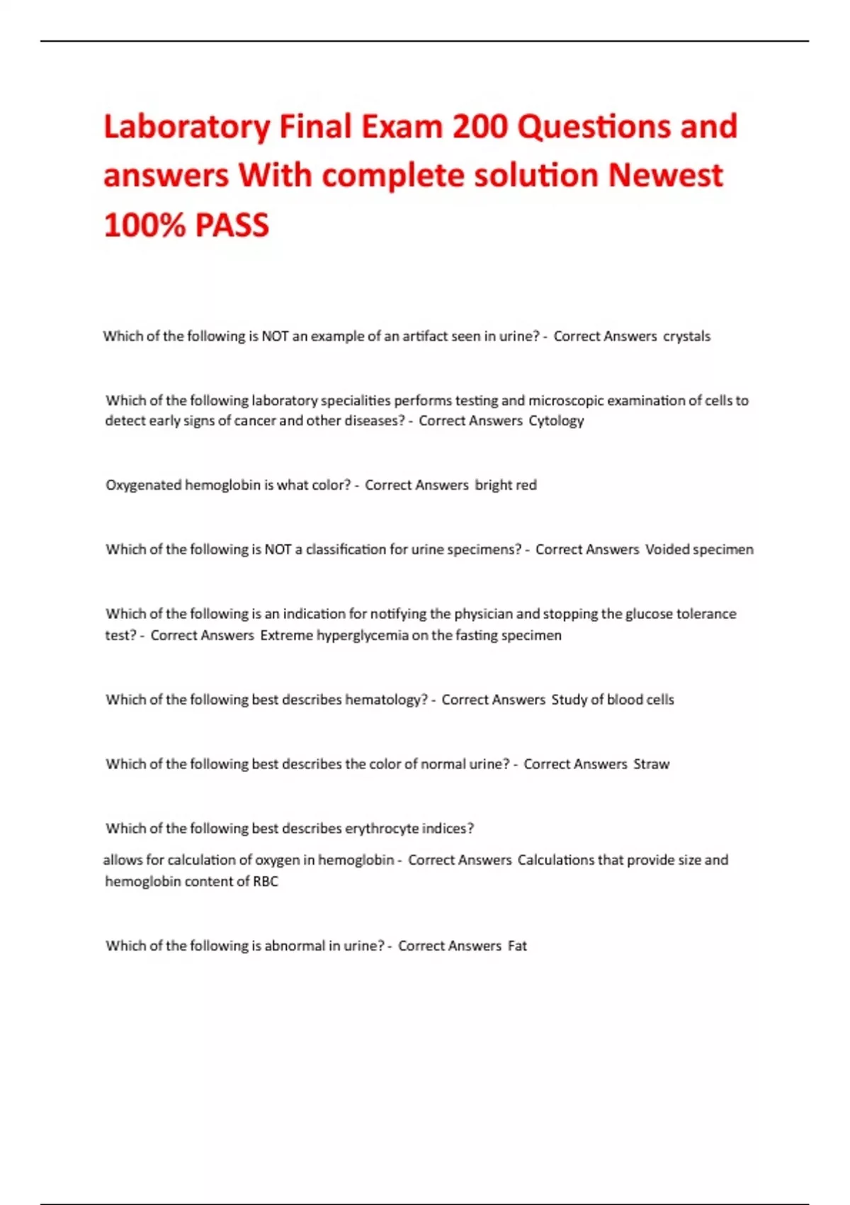 Laboratory Final Exam 200 Questions and answers With complete solution ...