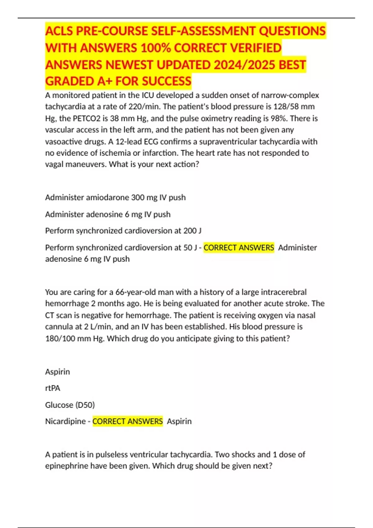 Acls Pre Course Self Assessment Questions With Answers 100 Correct
