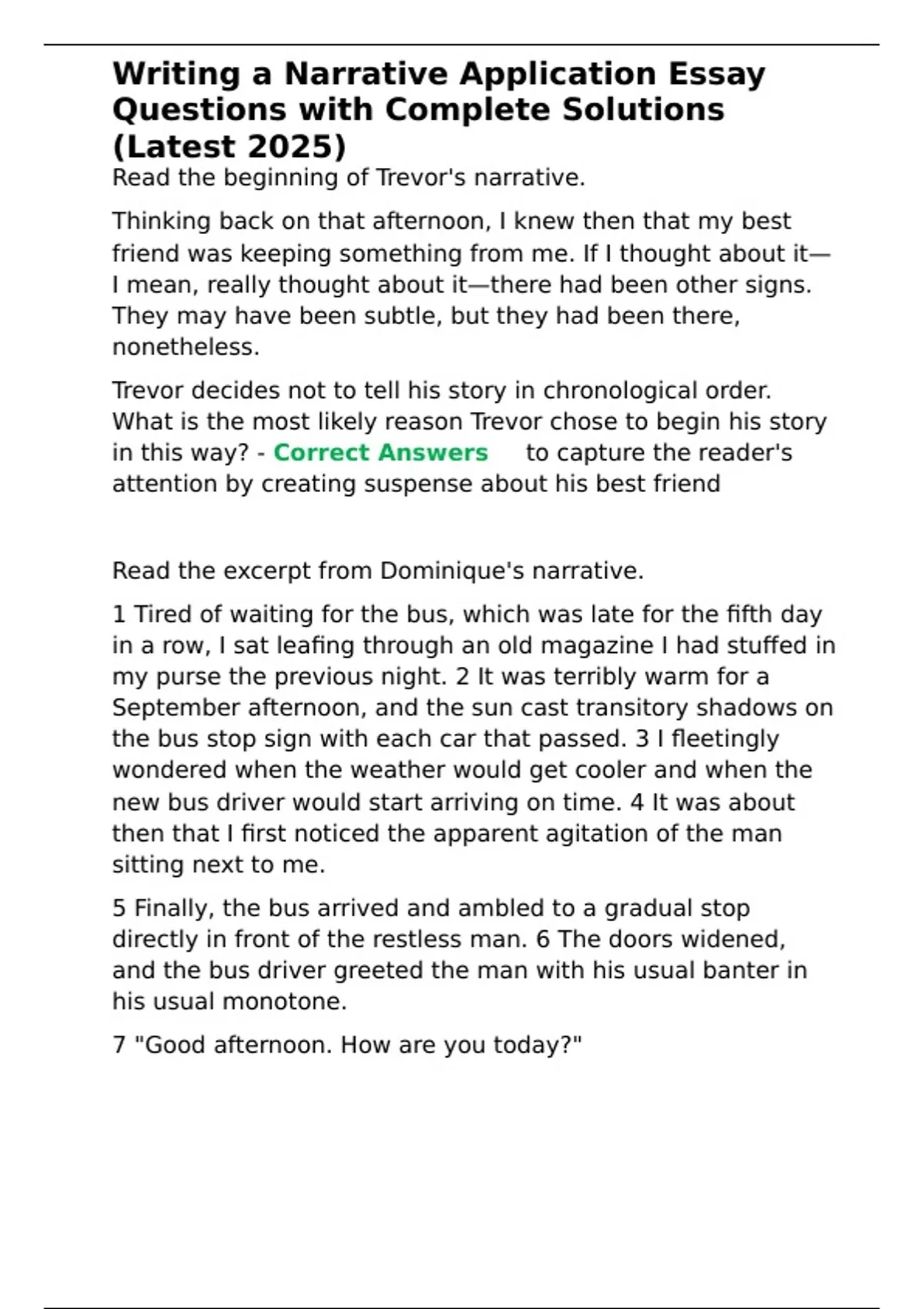 Writing a Narrative Application Essay Questions with Complete Solutions ...