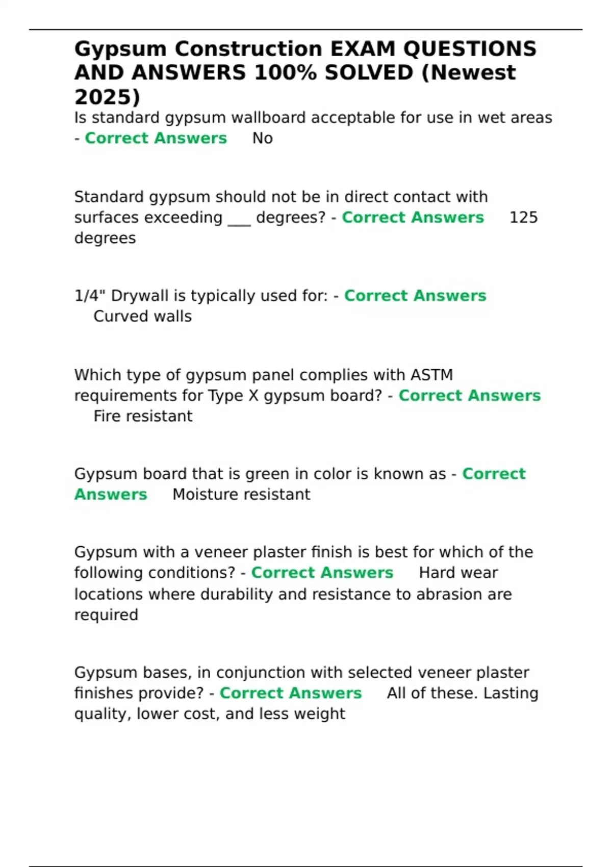 Gypsum Construction EXAM QUESTIONS AND ANSWERS 100- SOLVED (Newest 2025 ...