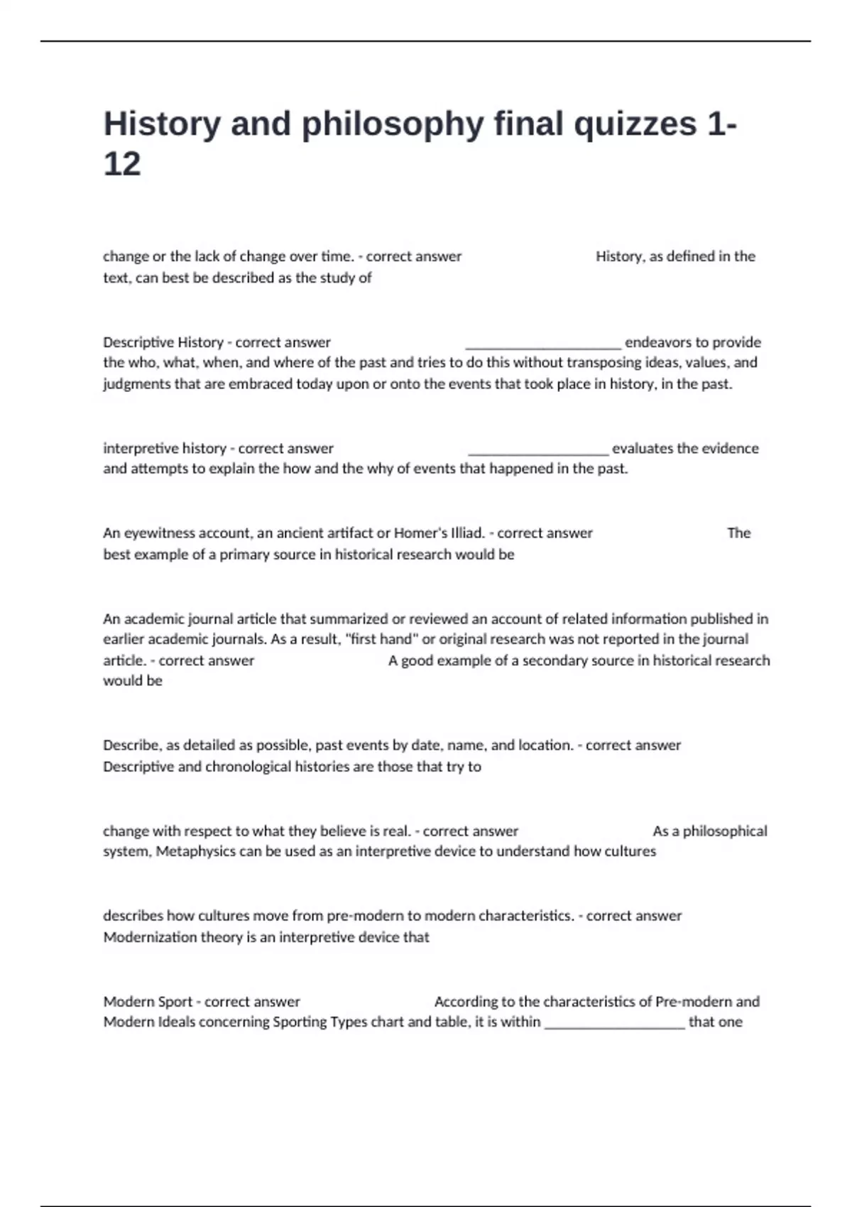 History and philosophy final quizzes 1-12 assessment questions and ...