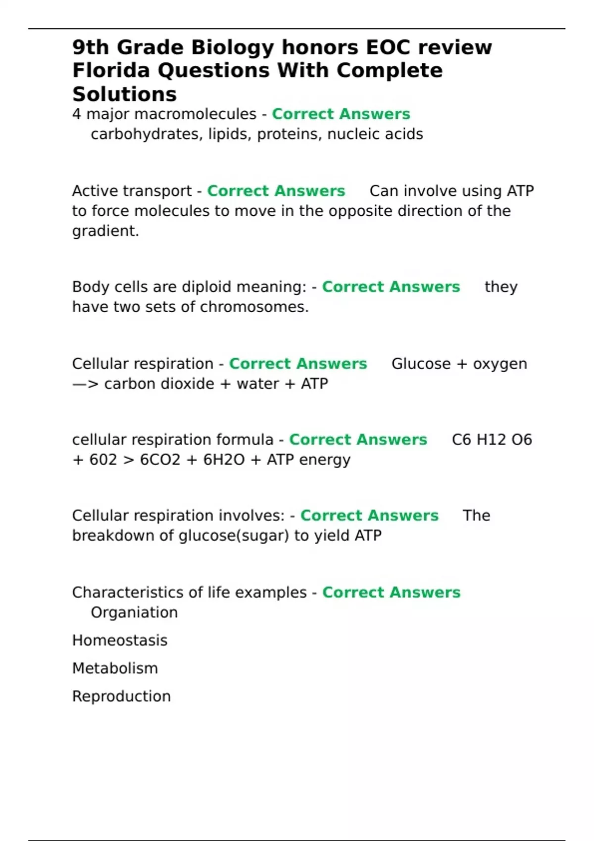 9th Grade Biology honors EOC review Florida Questions With Complete ...