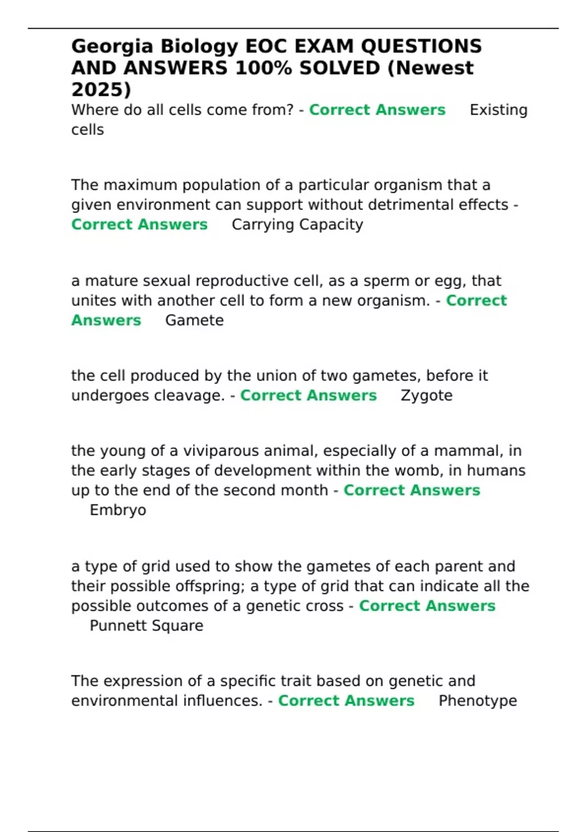Georgia Biology EOC EXAM QUESTIONS AND ANSWERS 100- SOLVED (Newest 2025 ...