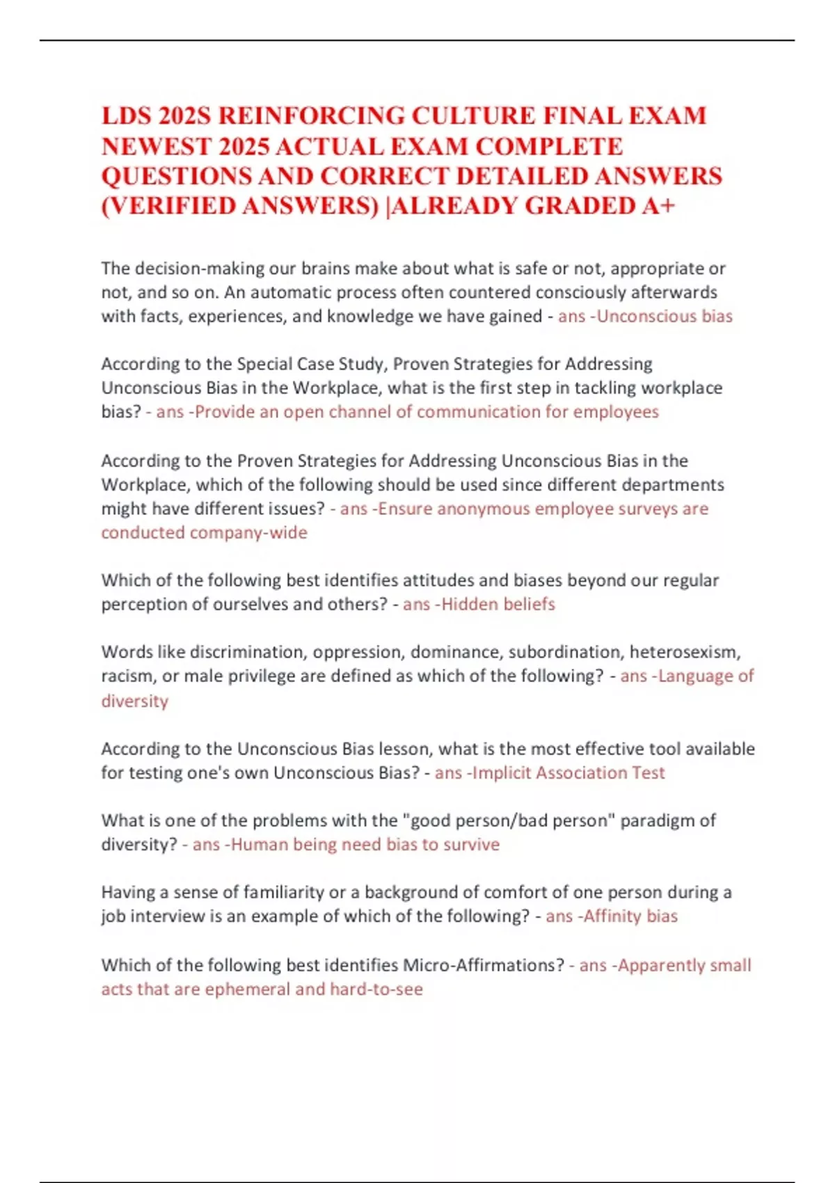 LDS 202S REINFORCING CULTURE FINAL EXAM NEWEST 2025 ACTUAL EXAM COMPLETE QUESTIONS AND CORRECT ...