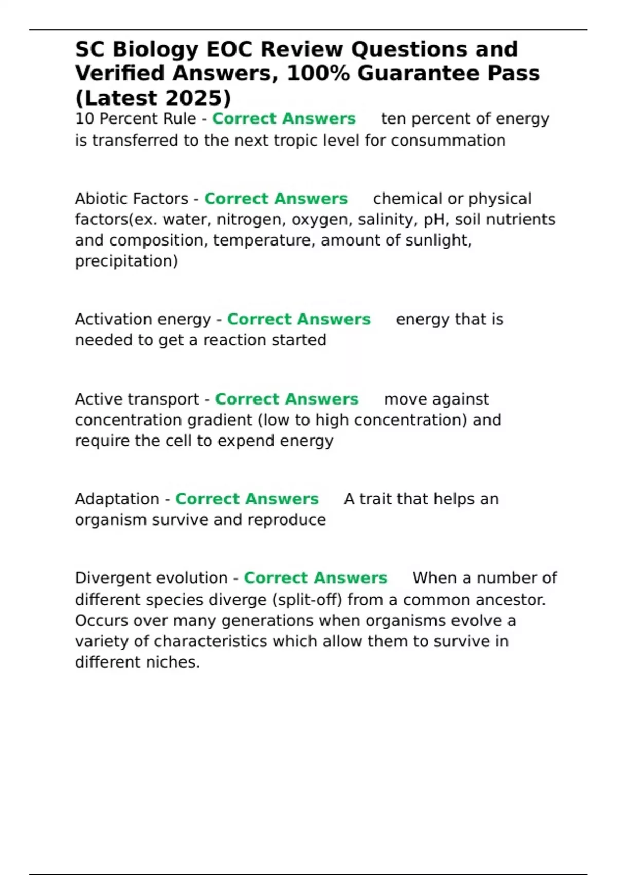 SC Biology EOC Review Questions & Verified Answers, 100- Guarantee Pass ...