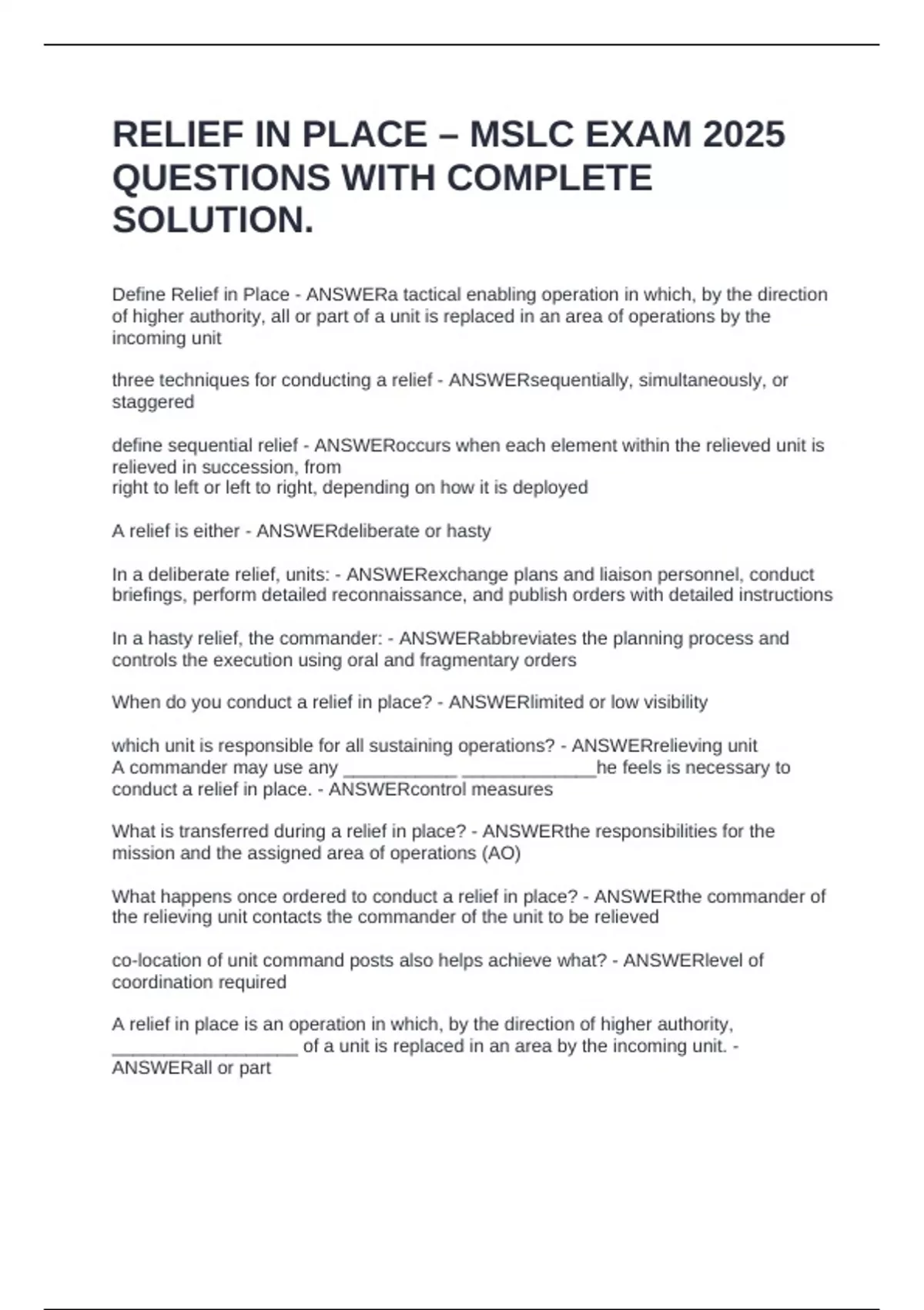 RELIEF IN PLACE – MSLC EXAM 2025 QUESTIONS WITH COMPLETE SOLUTION ...