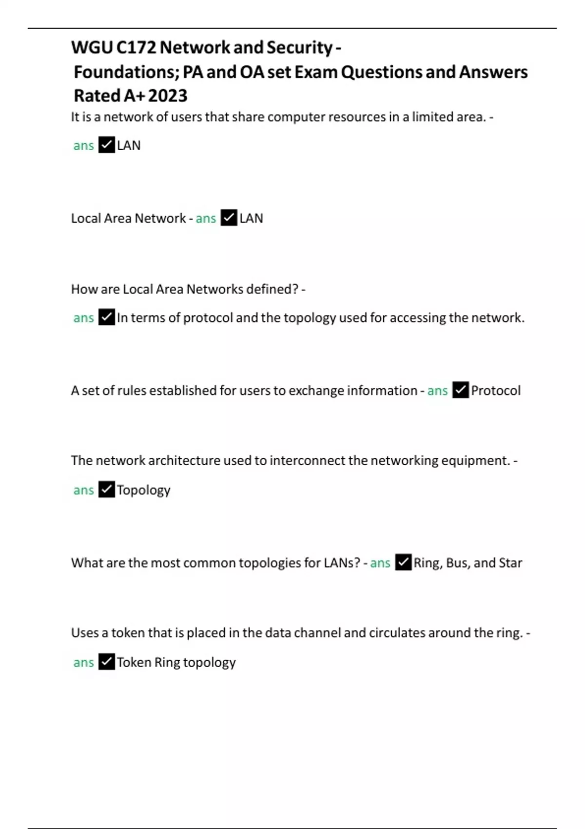 WGU C172 Network and Security - Foundations; PA and OA set Exam Questions and Answers Rated A+ ...