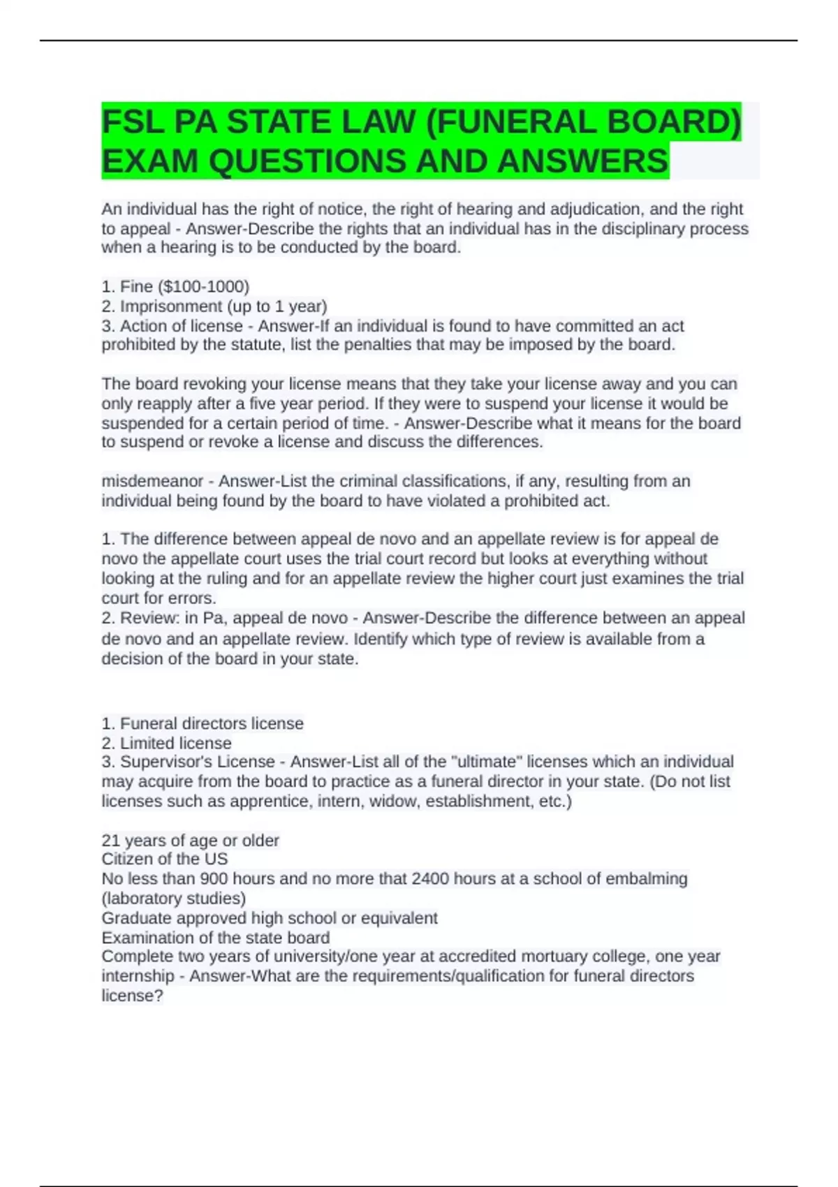 FSL PA STATE LAW (FUNERAL BOARD) EXAM QUESTIONS AND ANSWERS ...