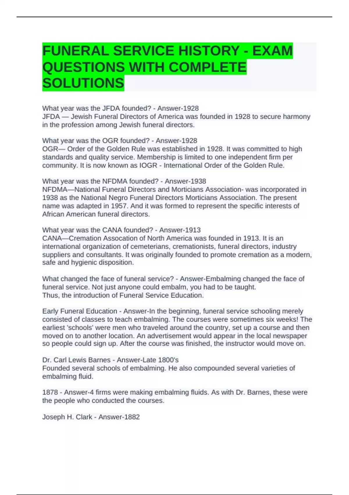 FUNERAL SERVICE HISTORY - EXAM QUESTIONS WITH COMPLETE SOLUTIONS ...