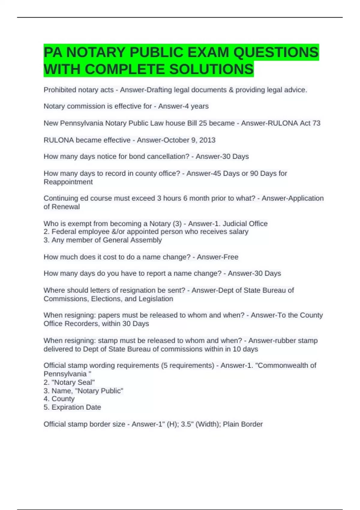 PA NOTARY PUBLIC EXAM QUESTIONS WITH COMPLETE SOLUTIONS - Pennsylvania ...