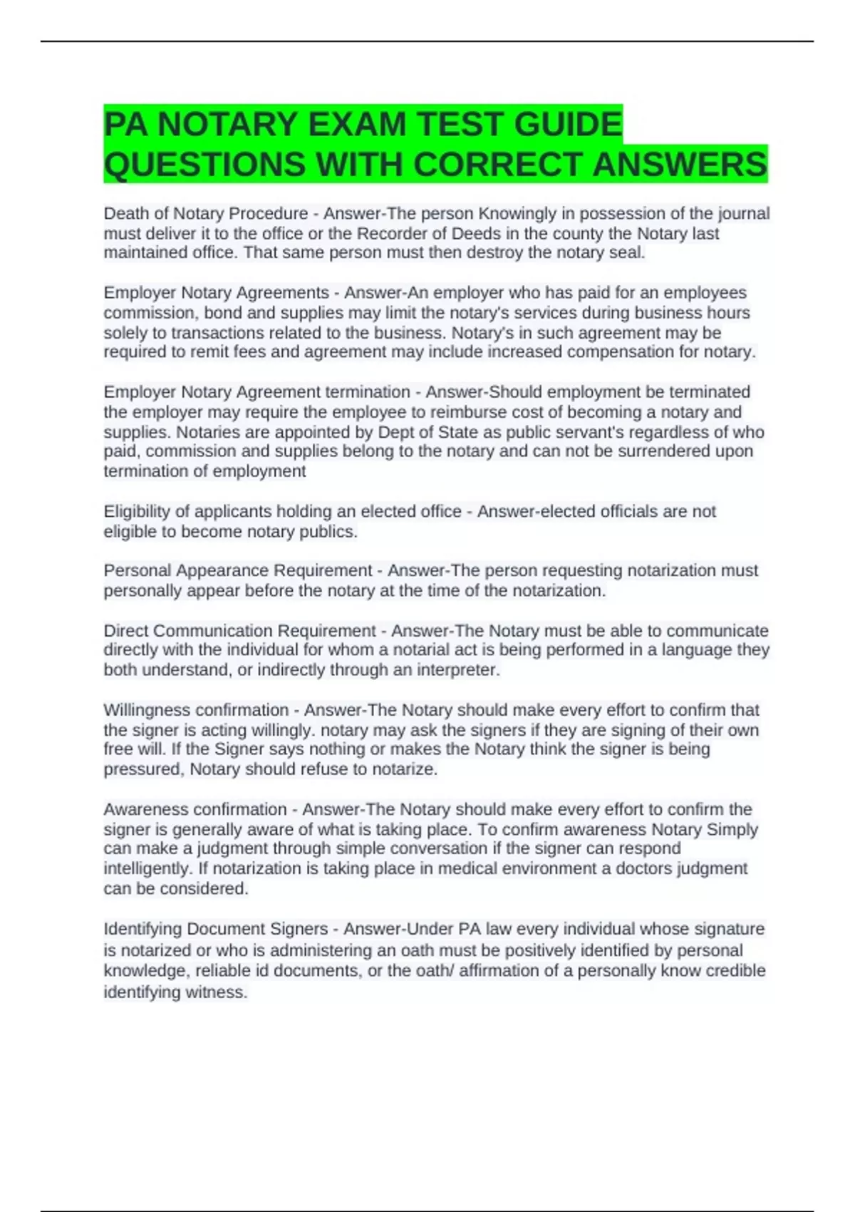 PA NOTARY EXAM TEST GUIDE QUESTIONS WITH CORRECT ANSWERS - Pennsylvania ...