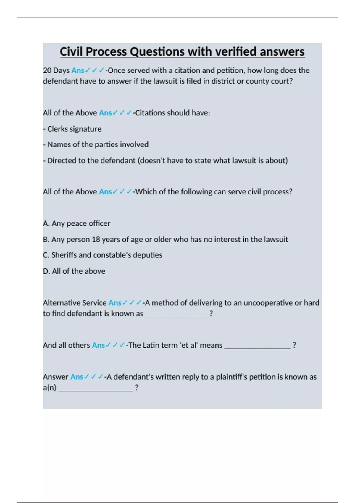 Civil Process Questions with verified answer2 - Civil procedure - Stuvia US
