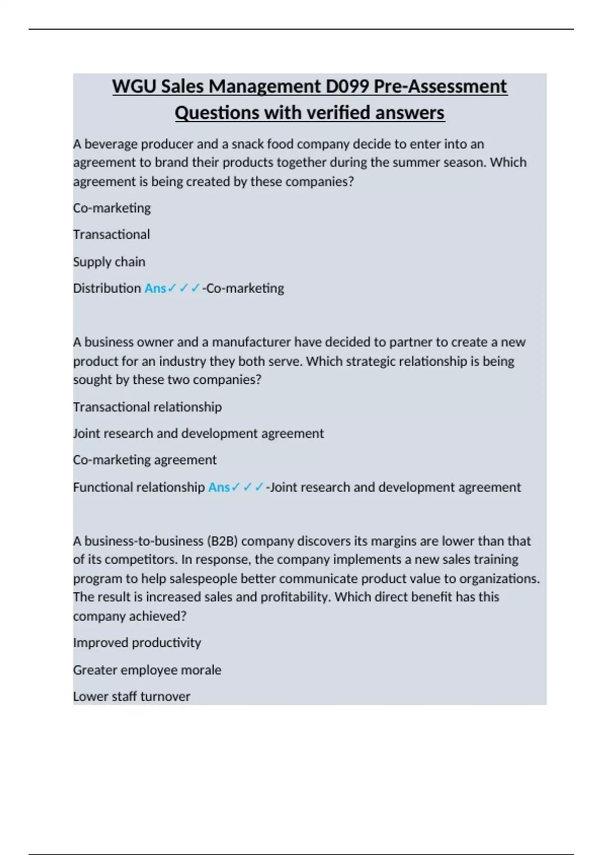 WGU Sales Management D099 Pre-Assessment Questions with verified ...