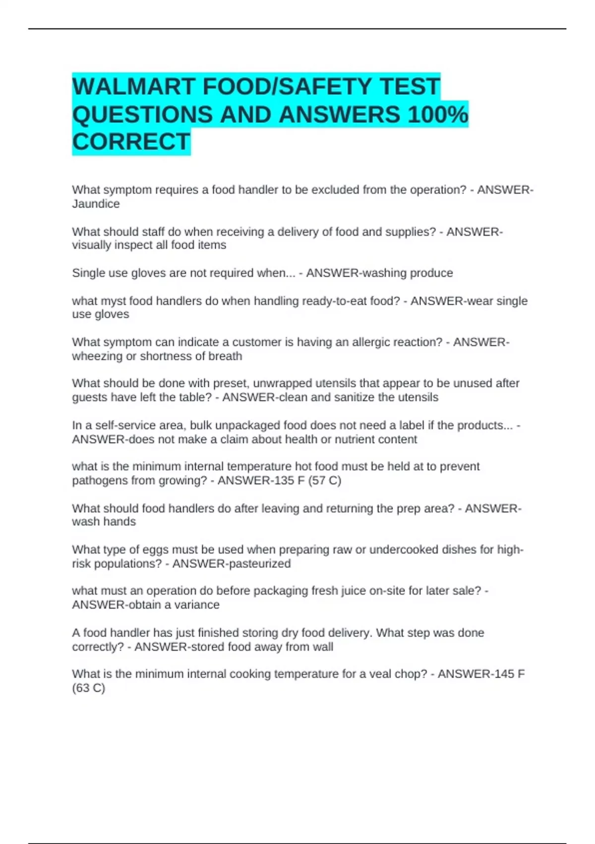 WALMART FOOD/SAFETY TEST QUESTIONS AND ANSWERS 100% CORRECT - WALMART ...