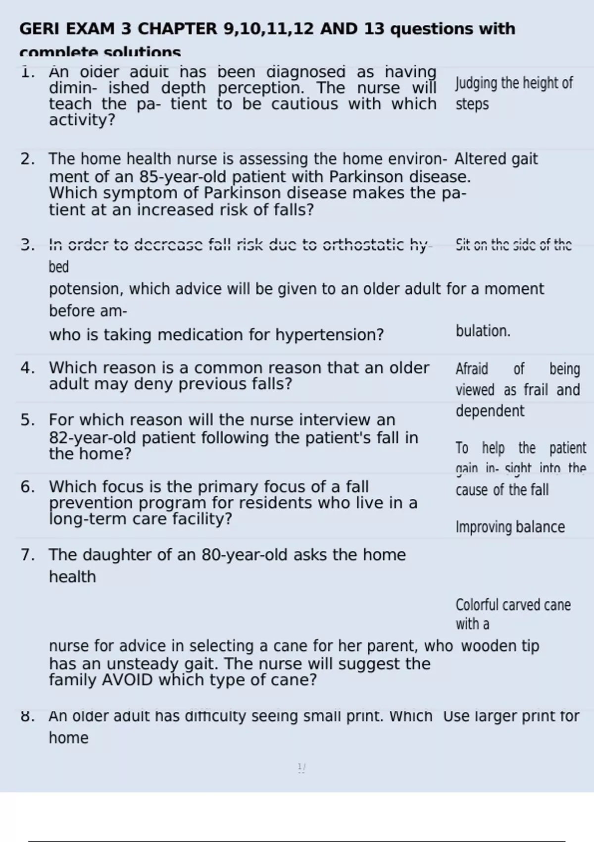 GERI EXAM 3 CHAPTER 9,10,11,12 AND 13 questions with complete solutions - Geri - Stuvia US