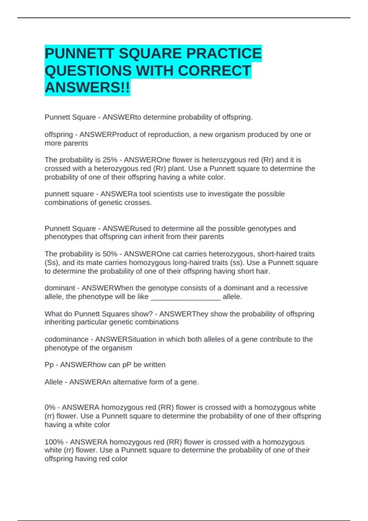 PUNNETT SQUARE PRACTICE QUESTIONS WITH CORRECT ANSWERS!! - PUNNETT ...