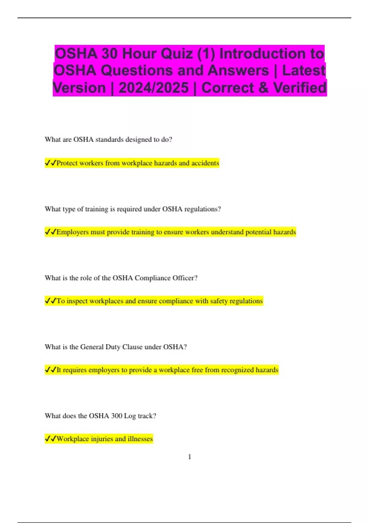 OSHA 30 Hour Quiz (1) Introduction to OSHA Questions and Answers ...