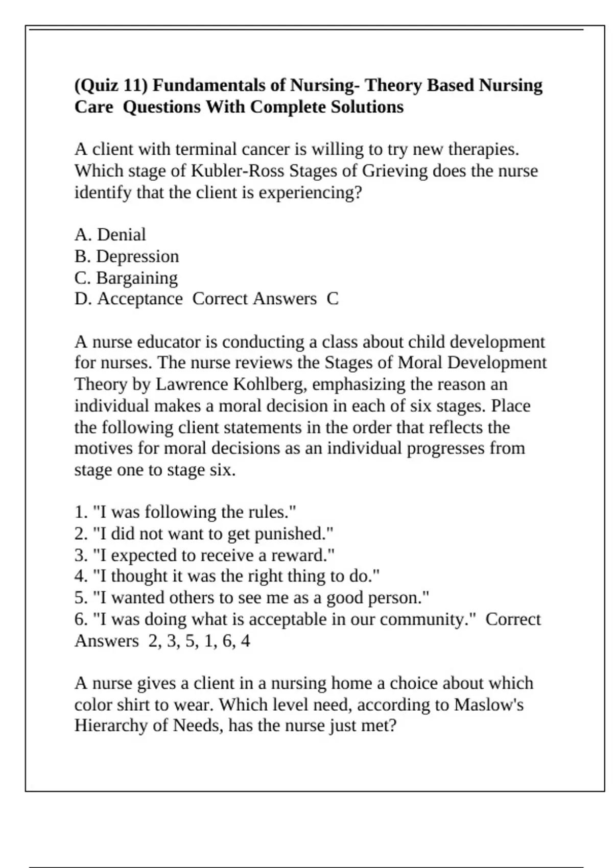 (Quiz 11) Fundamentals of Nursing- Theory Based Nursing Care Questions ...