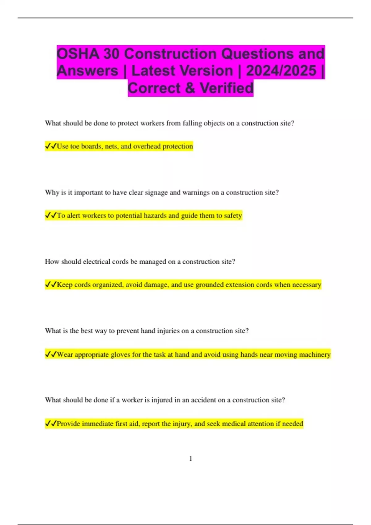 OSHA 30 Construction Questions and Answers | Latest Version | 2024/2025 ...