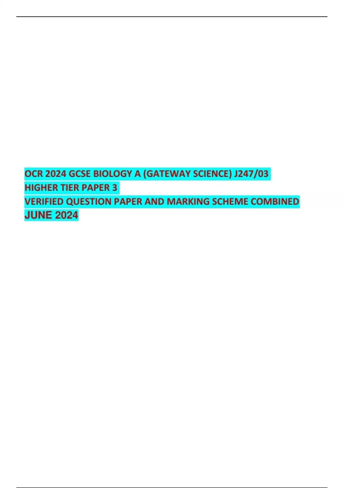 OCR 2024 GCSE BIOLOGY A (GATEWAY SCIENCE) J247/03 HIGHER TIER PAPER 3 ...