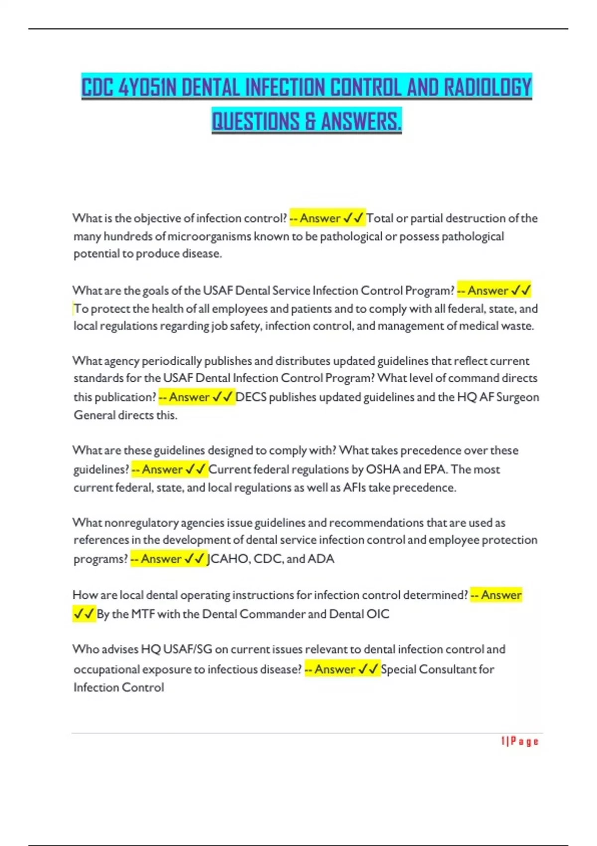 CDC 4Y051N DENTAL INFECTION CONTROL AND RADIOLOGY QUESTIONS & ANSWERS ...