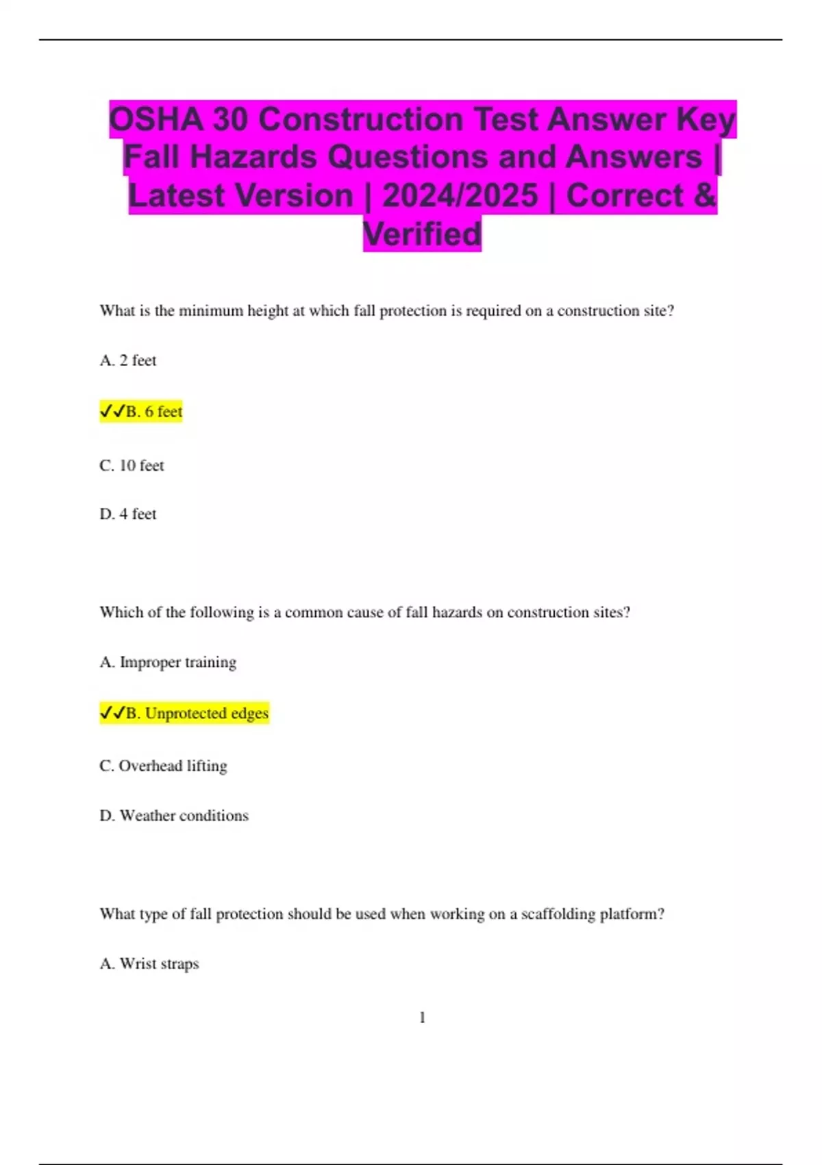 OSHA 30 Construction Test Answer Key Fall Hazards Questions and Answers ...
