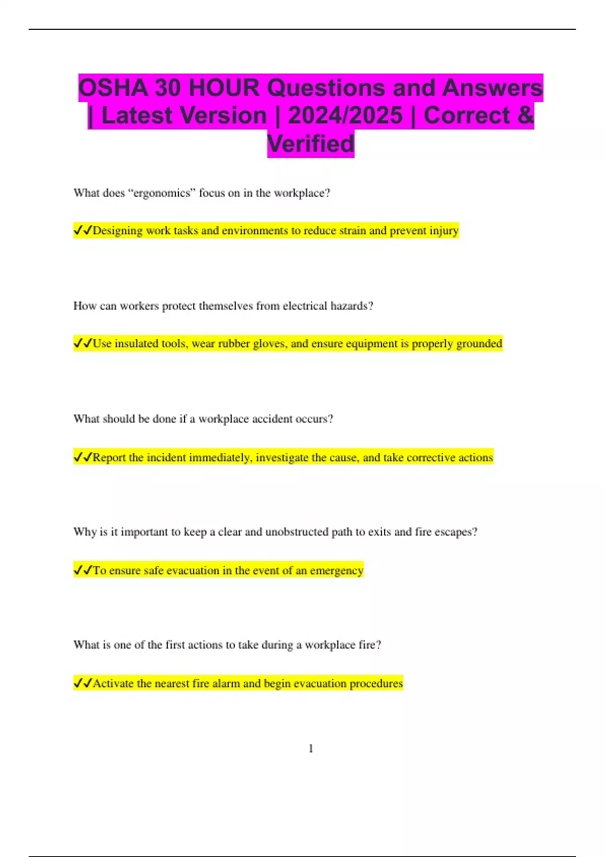 OSHA 30 HOUR Questions and Answers | Latest Version | 2024/2025 ...