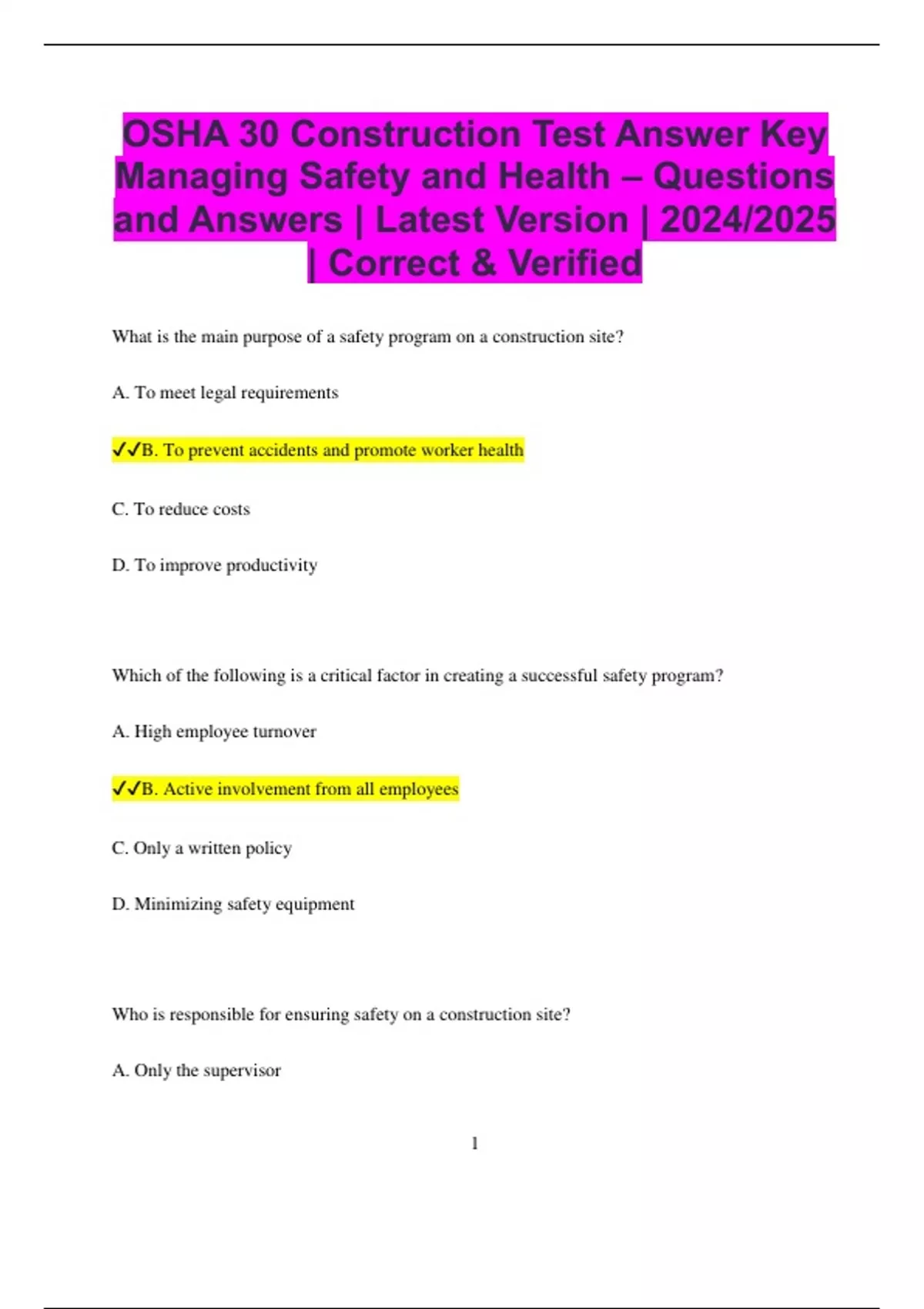OSHA 30 Construction Test Answer Key Managing Safety and Health ...