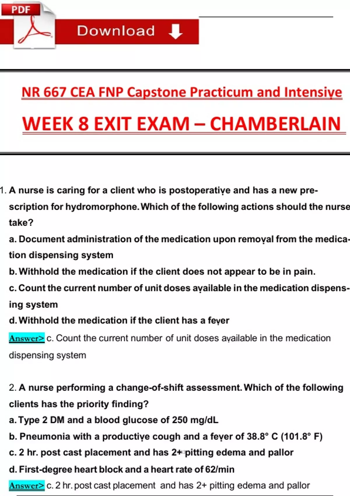 NR 667 Chamberlain CEA Week 8 Exit Exam (Latest 2025 / 2026): Most ...